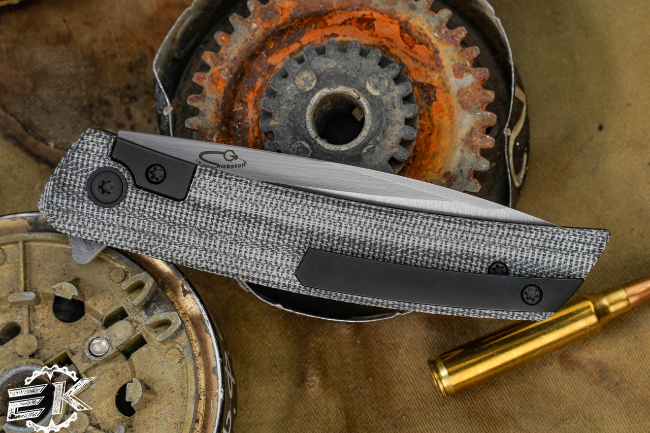 J. Oeser Knives F22 Kickstop Flipper Black Micarta/Hardware 3.3" M390