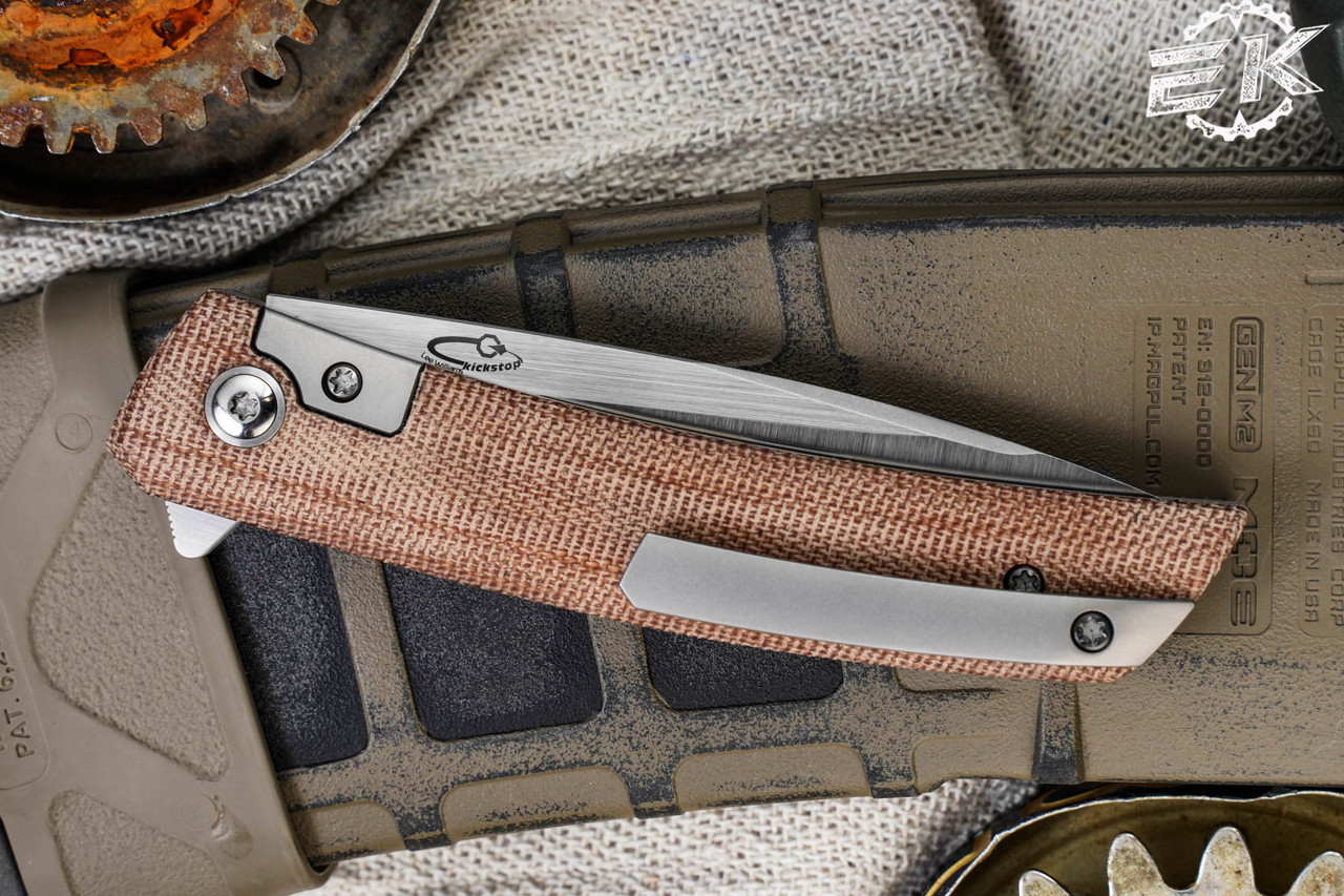 J. Oeser Knives F22 Kickstop Flipper Brown Micarta Satin Hardware 3.3" M390