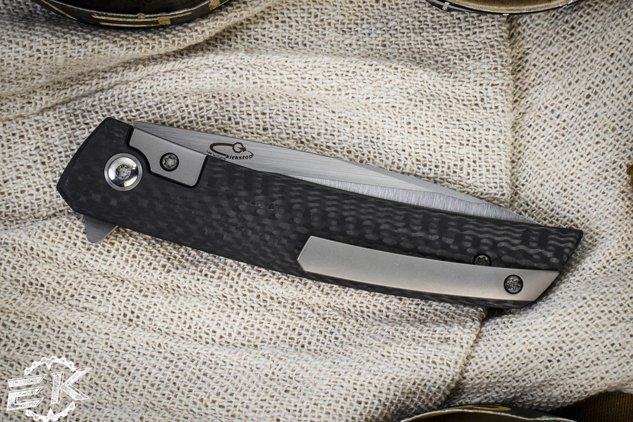 J. Oeser Knives F22 Kickstop Flipper Carbon Fiber Satin Hardware 3.3" M390
