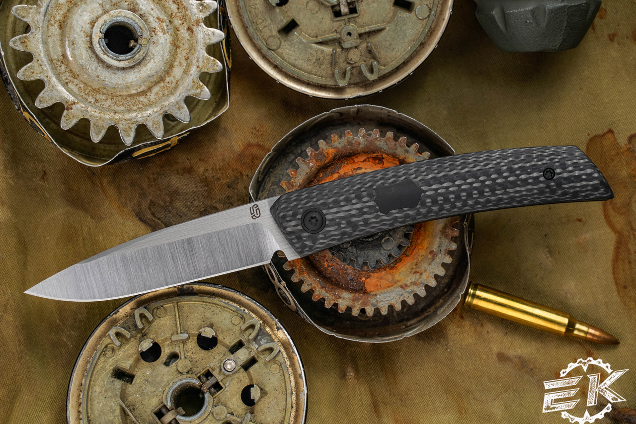 J. Oeser Knives F22 Kickstop Flipper Carbon Fiber Black Hardware 3.3" M390