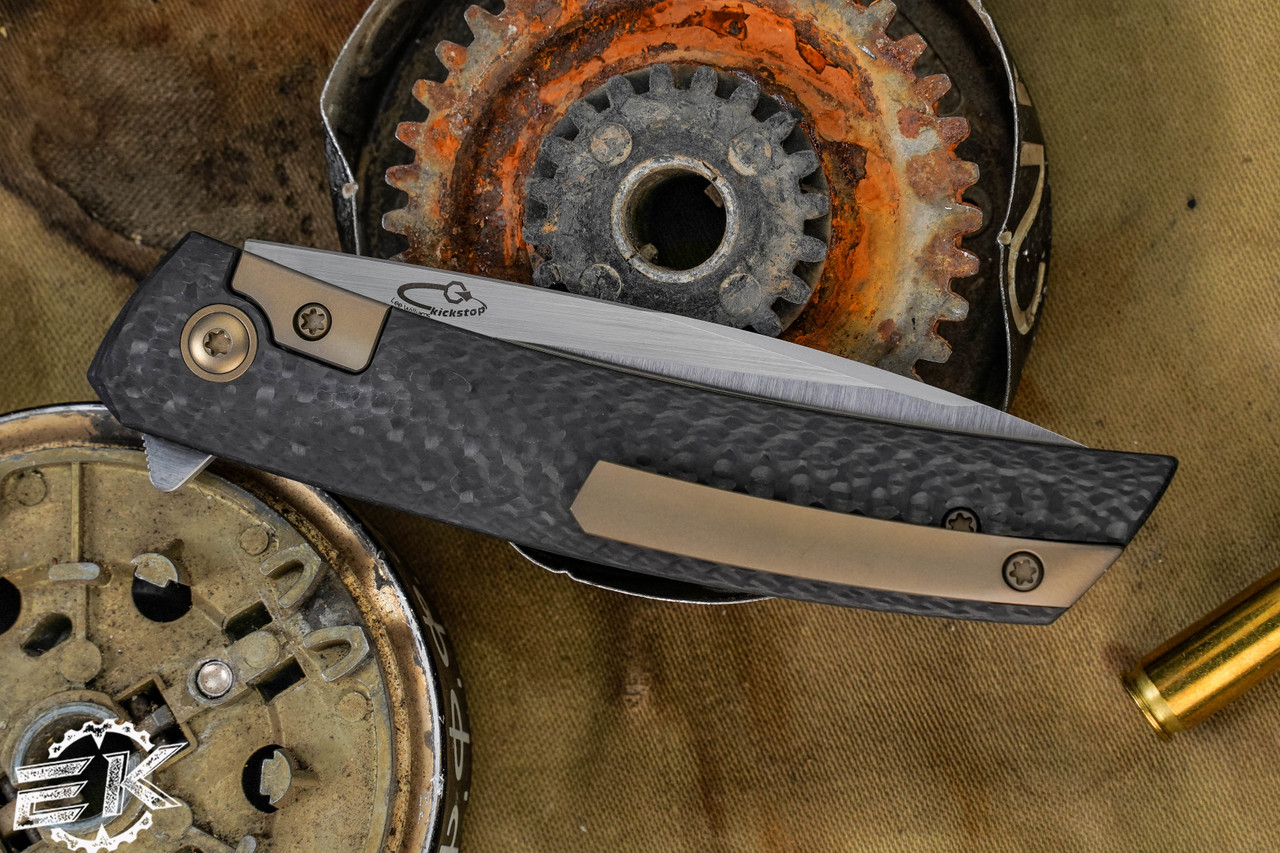 J. Oeser Knives F22 Kickstop Flipper Carbon Fiber Bronze Hardware 3.3 ...