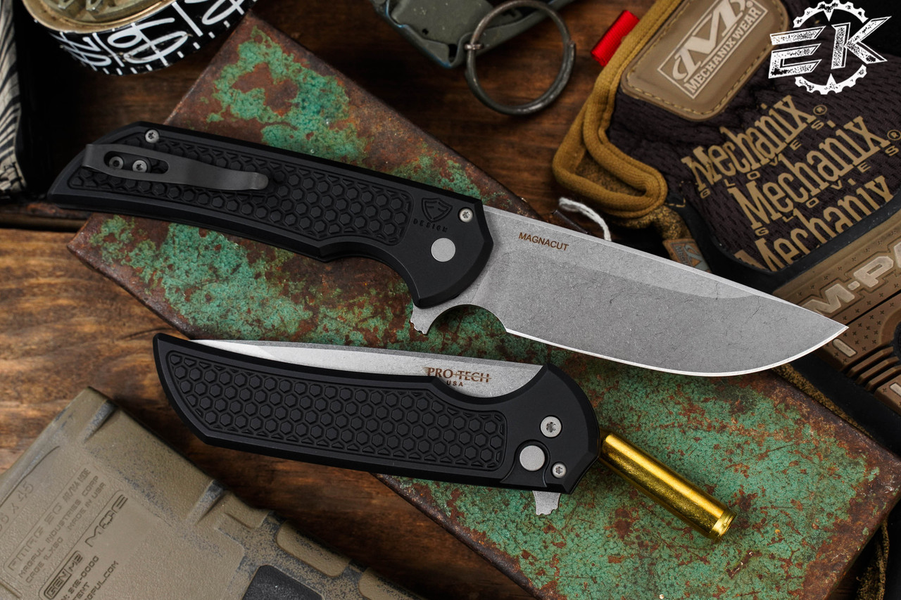 Protech Mordax Manual Flipper Button Lock Knife Black Honeycomb Texture