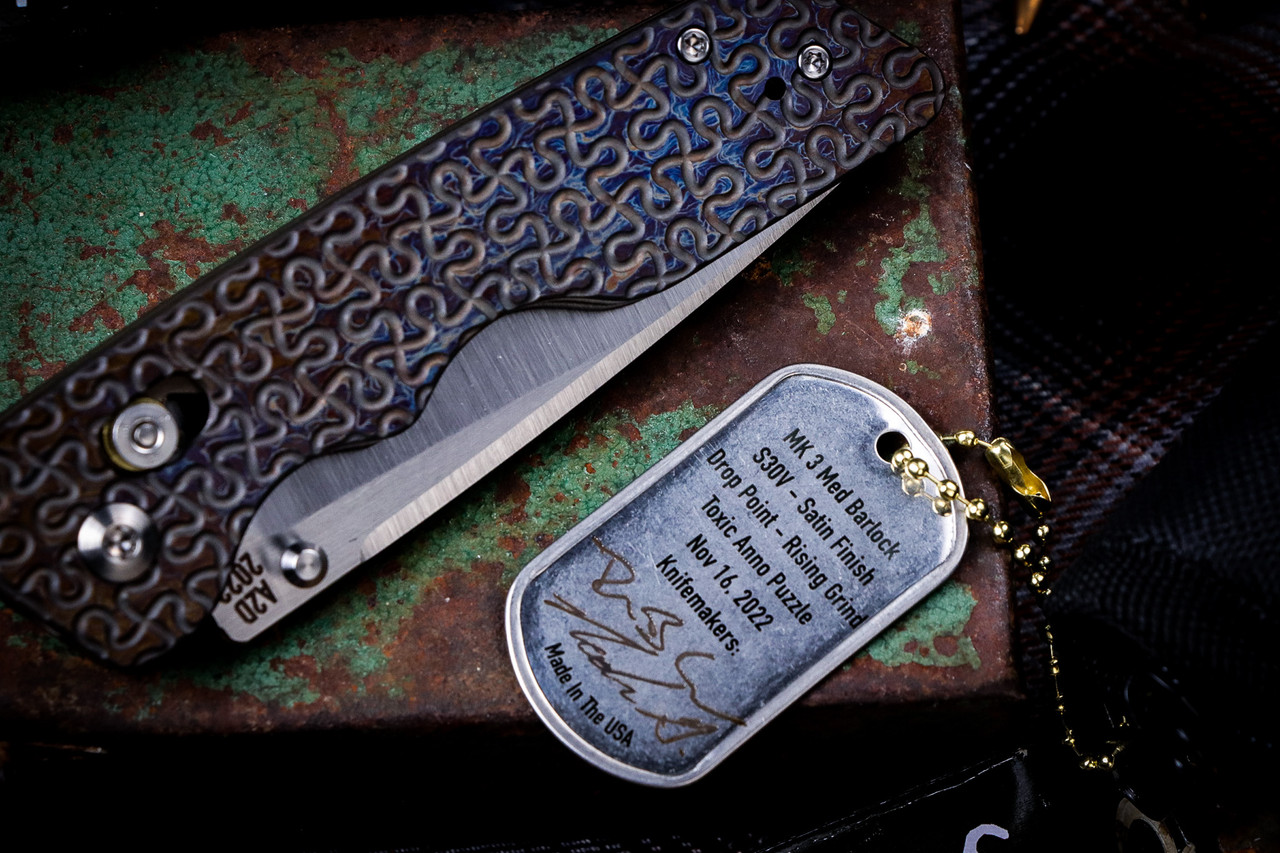 A2D Attn2Detail Mercantile Mark 3 Medium Barlock Titanium Toxic Puzzle 3" Satin Drop Point