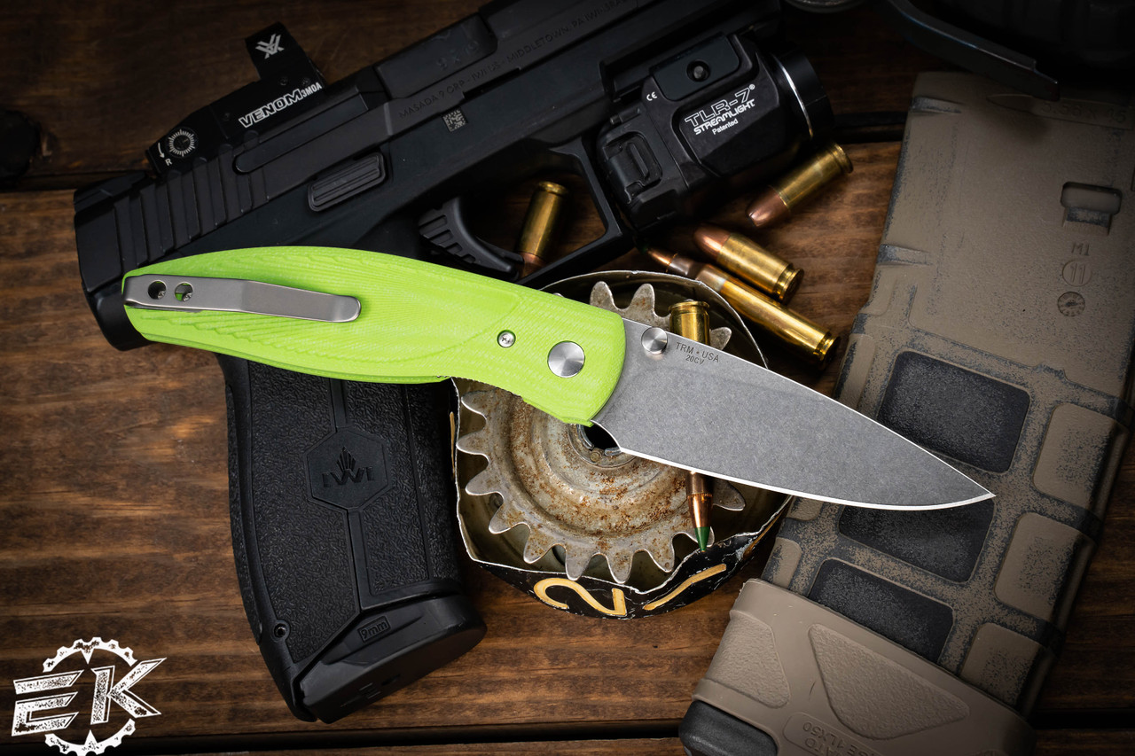 Three Rivers Manufacturing ATOM Folding Knife Lime G10 3.5" Drop Point ...