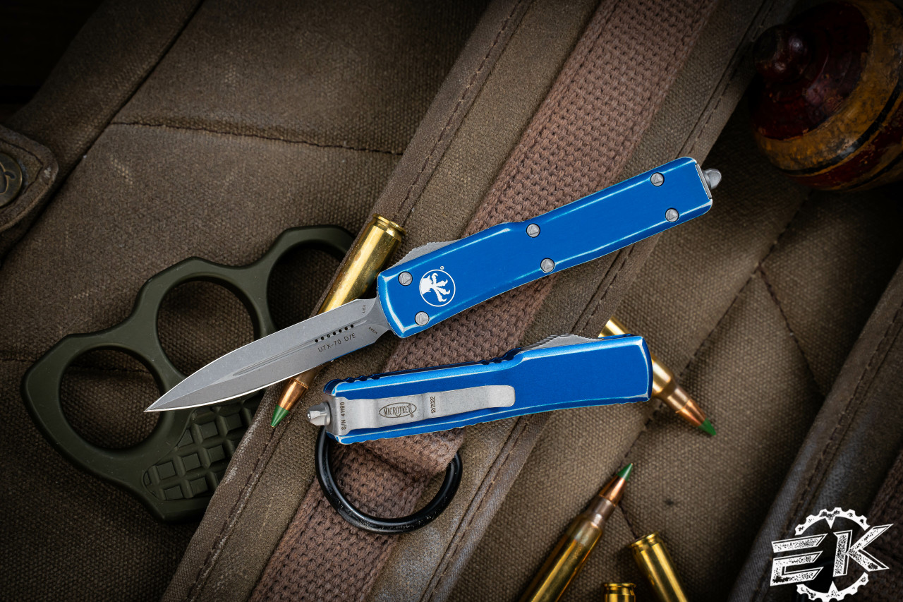 Microtech UTX-70 Distressed Blue OTF Automatic 2.4" Dagger Stonewash ...