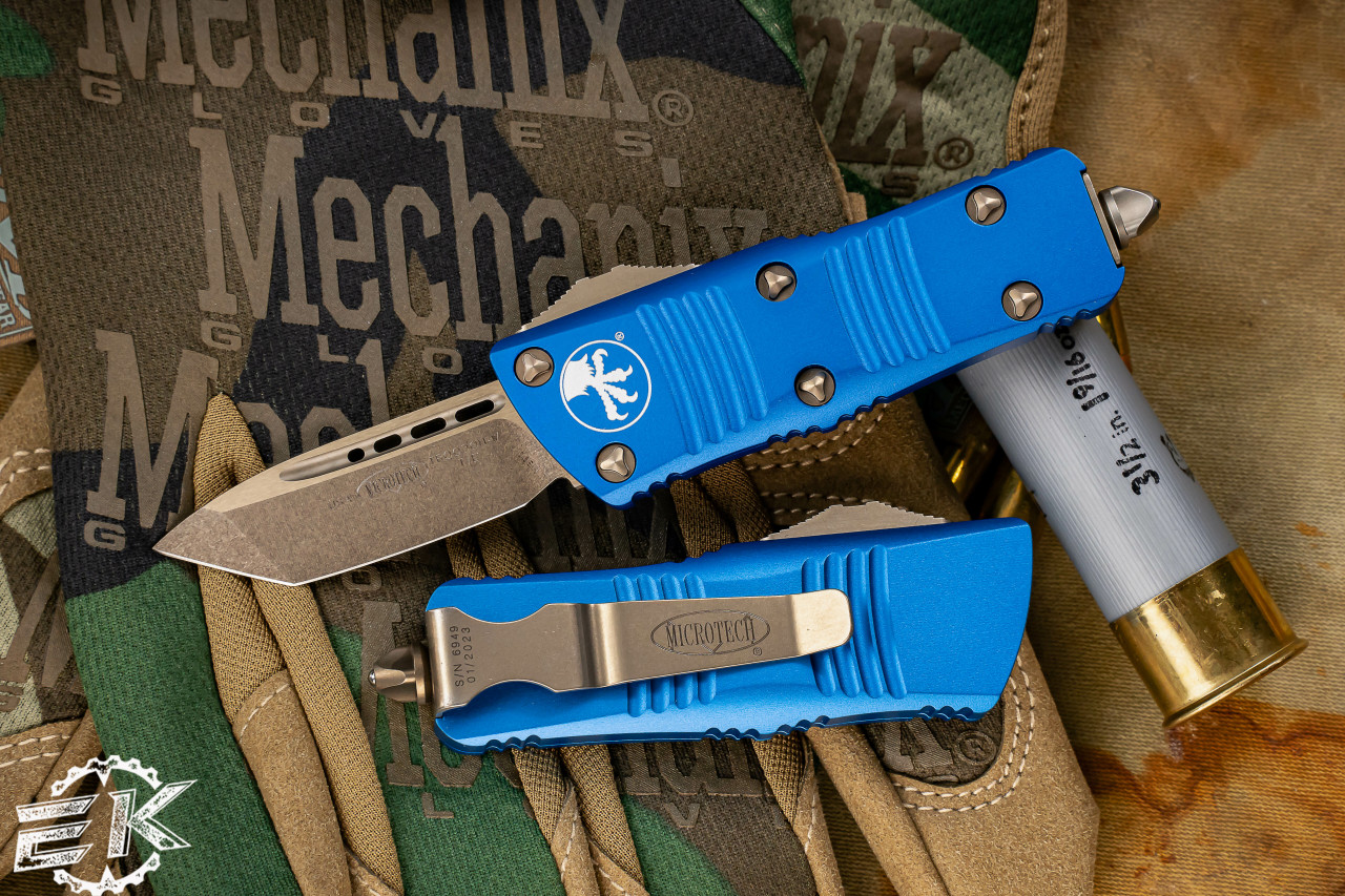 Microtech Troodon Mini Otf Automatic Knife Blue 19 Tanto Bronze 240 13bl
