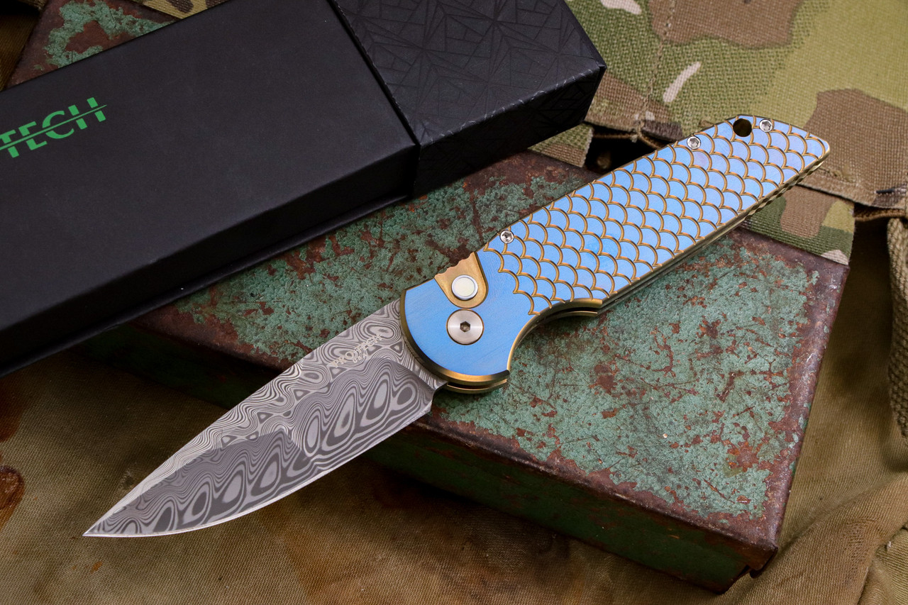 ProTech Custom TR-3 002 Blue/Gold Fish Scale Titanium Automatic Knife 3 ...