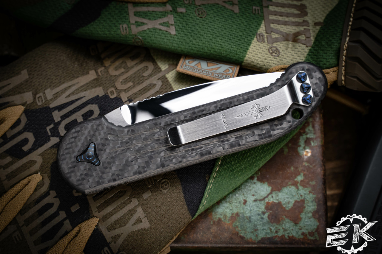 Marfione Custom LUDT Carbon Fiber Knife Blue Accents 3.4" Mirror Polish