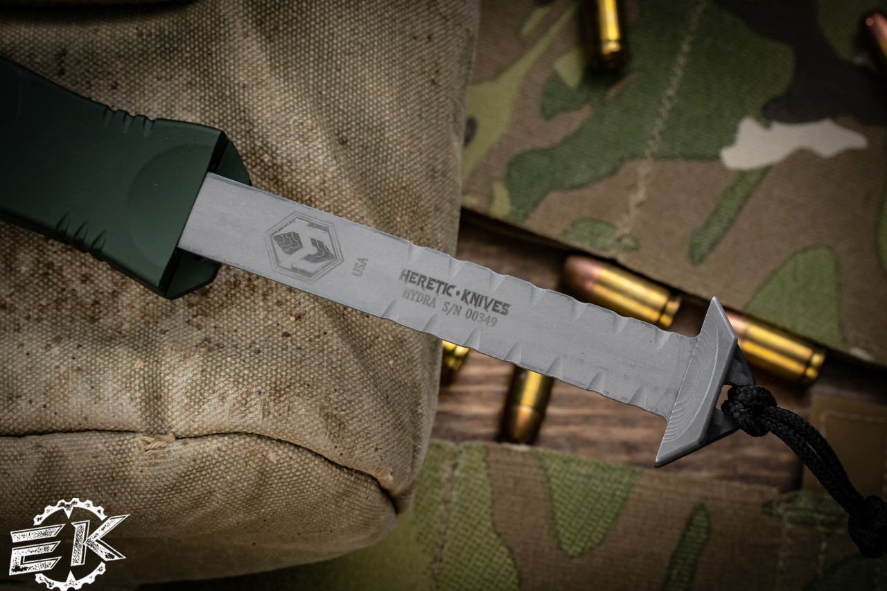 Heretic Knives Hydra Green Otf Knife 36 Se Drop Point Battleworn