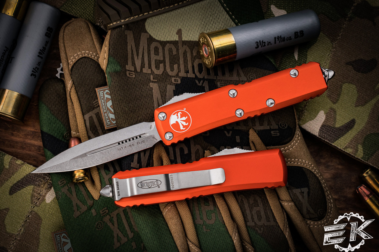 Microtech Utx 85 Otf Automatic Knife Orange 31 Dagger Stonewash 232 10or