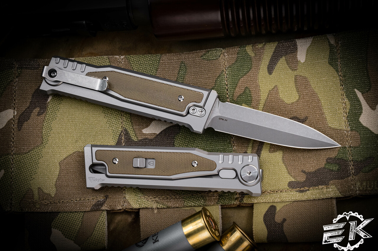 Reate EXO-M OTF Gravity Knife Titanium/Green Micarta 2.95" Double Edge SW