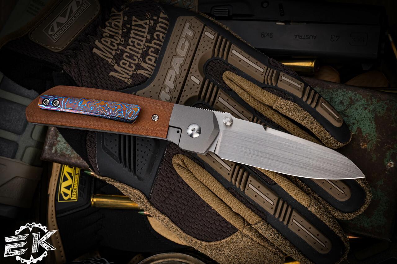 Enrique Pena Custom Mula Front Flipper Brown Micarta DarkTi Accents 3" Hand Rubbed