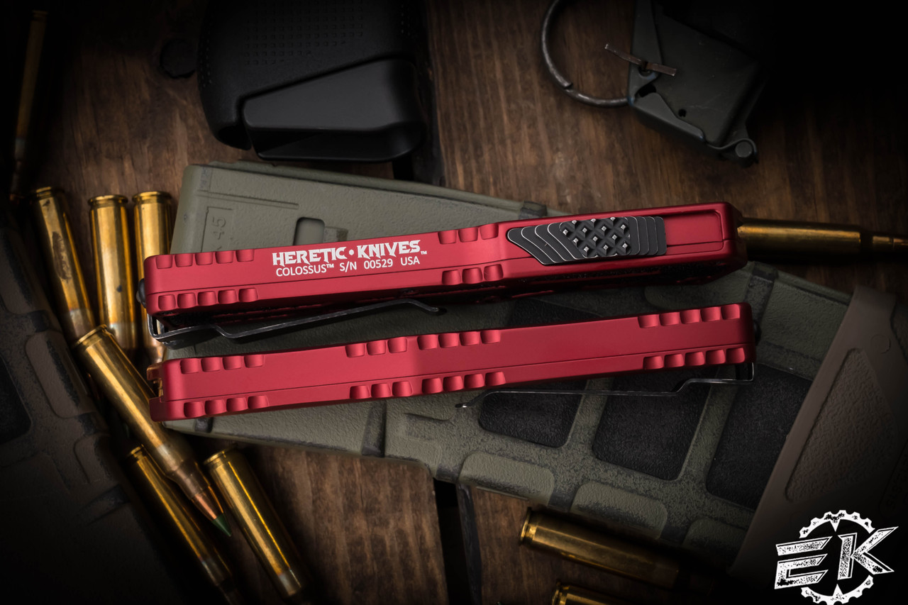Heretic Knives Colossus Otf Automatic Knife Red 35 Tanto Battleworn