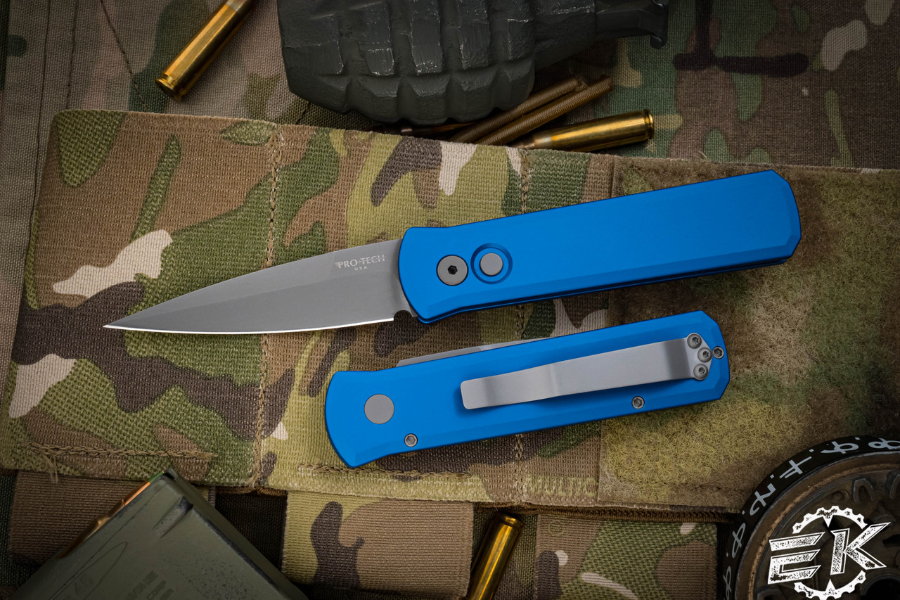 Protech Godson Automatic Folding Knife Blue 315 Bead Blast Spear