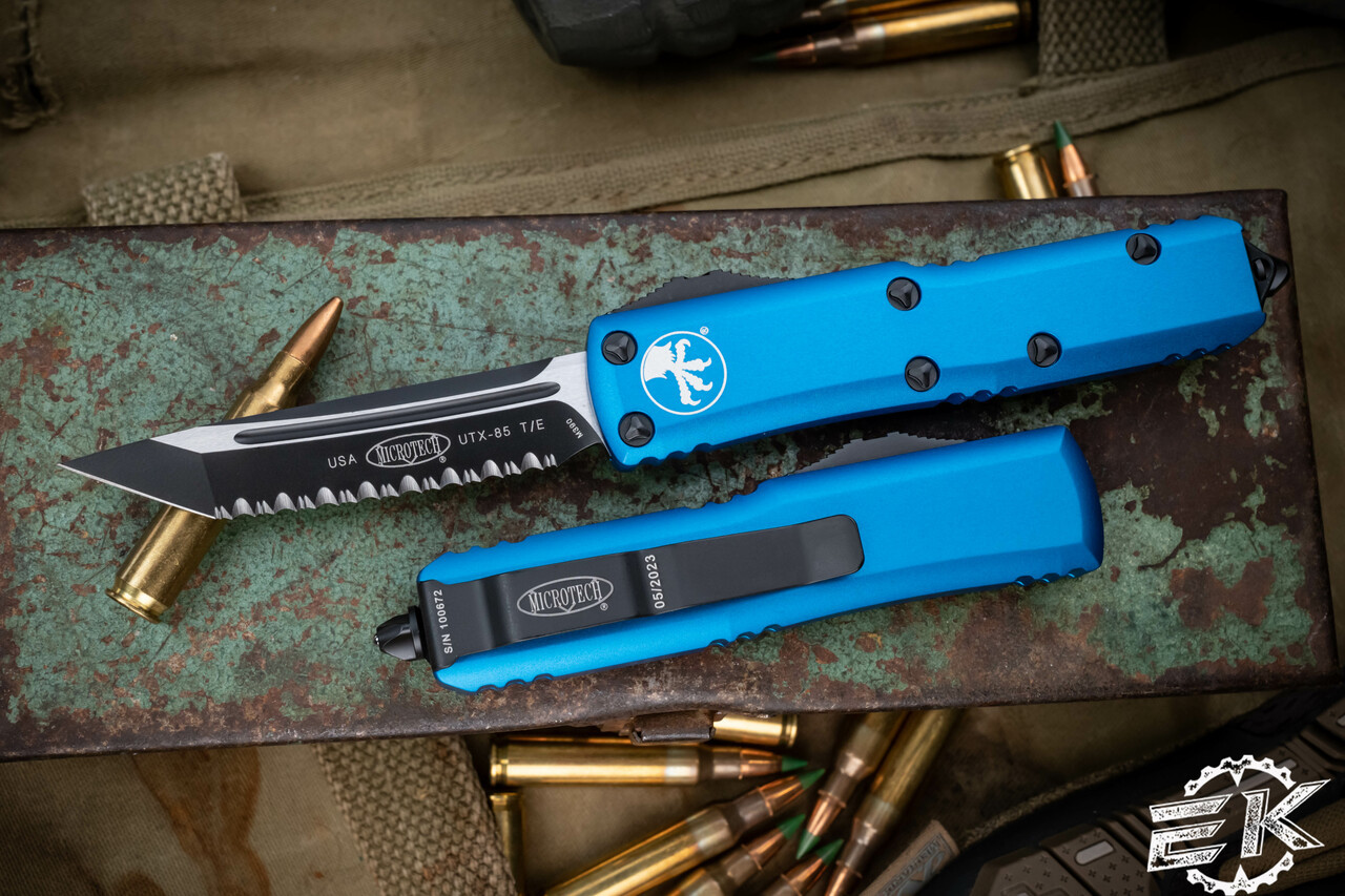 Microtech Utx 85 Otf Automatic Knife Blue 31 Tanto Serrated Black 233 3bl