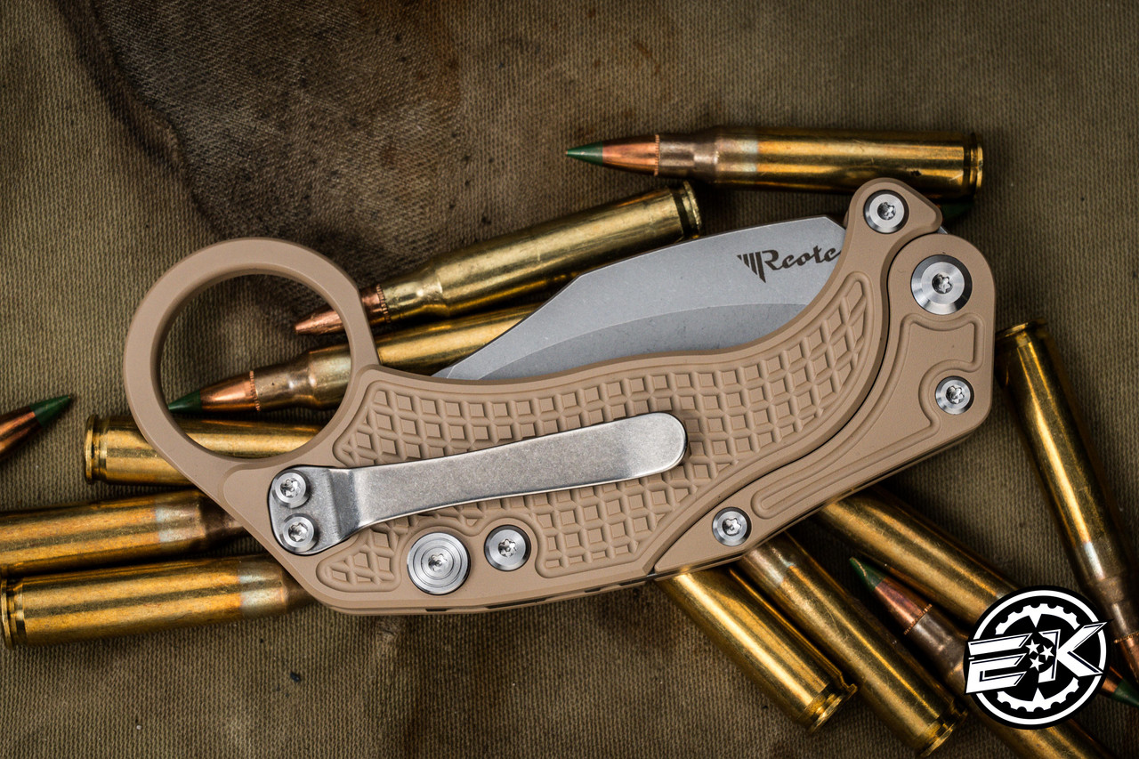 Reate EXO-K Karambit Button Lock Knife Tan Aluminum 3" Stonewash ...