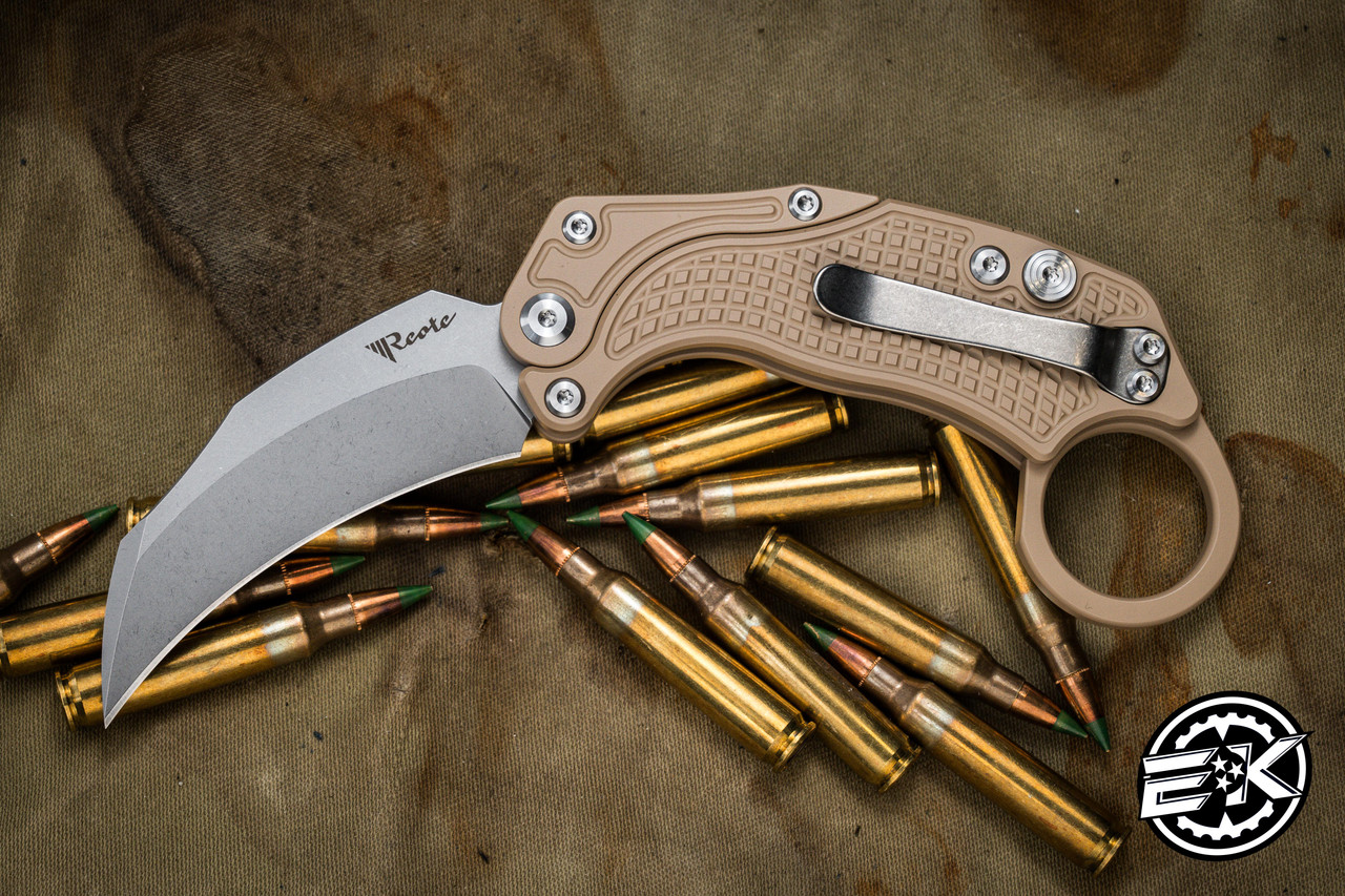 Reate EXO-K Karambit Button Lock Knife Tan Aluminum 3" Stonewash ...