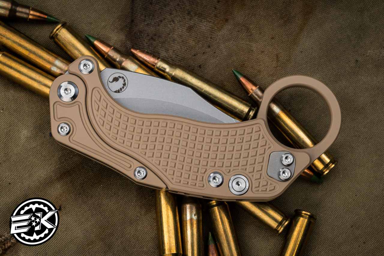 Reate EXO-K Karambit Button Lock Knife Tan Aluminum 3" Stonewash ...