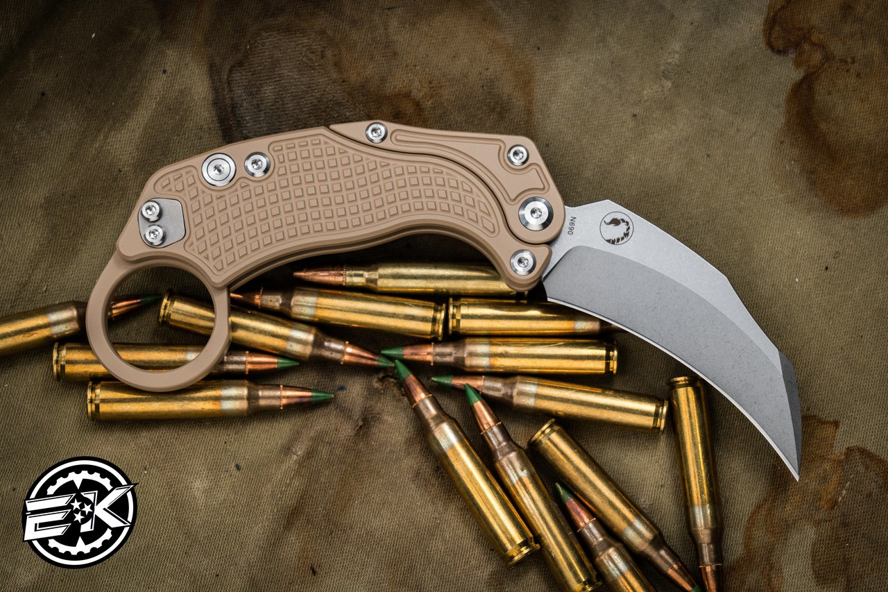 Reate EXO-K Karambit Button Lock Knife Tan Aluminum 3" Stonewash ...
