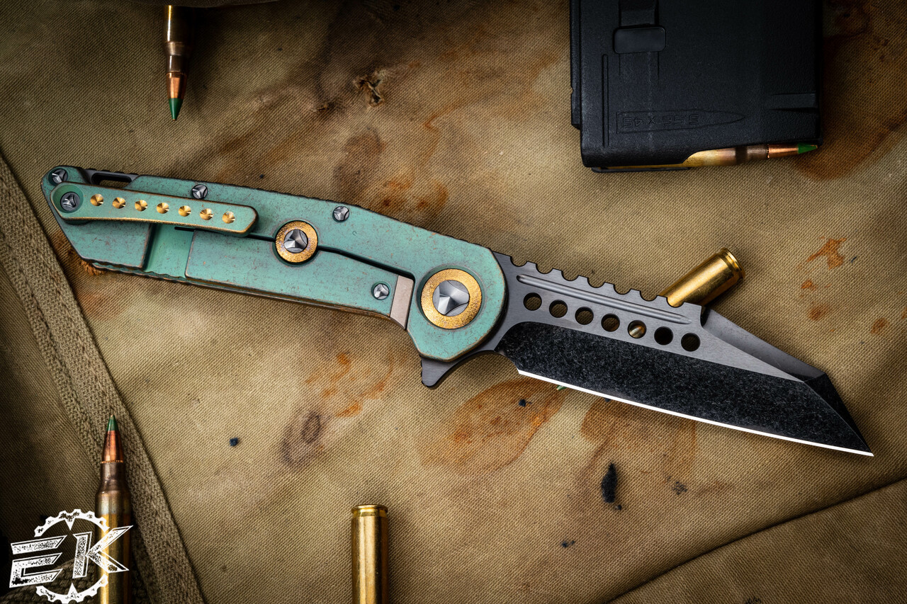 Marfione Custom Warhound Folder Antique Green Frag Titanium Bronze