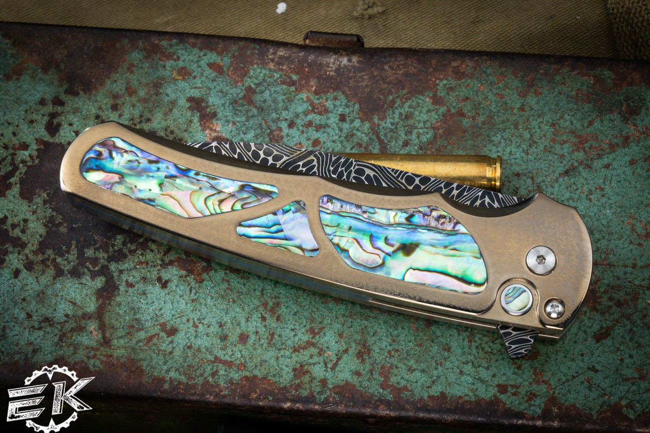 ProTech Malibu Custom Titanium Knife Bronze w/ Abalone Inlays 3.25" Mosaic Damascus Wharncliffe ...