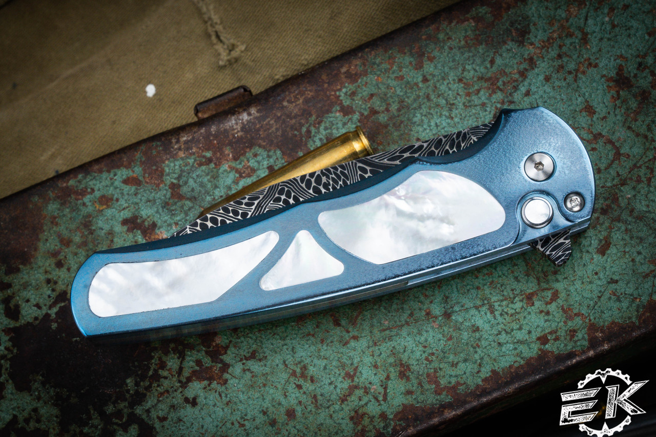 ProTech Malibu Custom Titanium Knife Blue w/ White Pearl Inlays 3.25" Mosaic Damascus ...