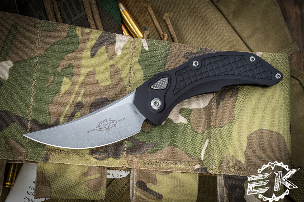 Microtech/Bastinelli "Brachial" Auto Black 3.75" Persian Stonewash 268A ...