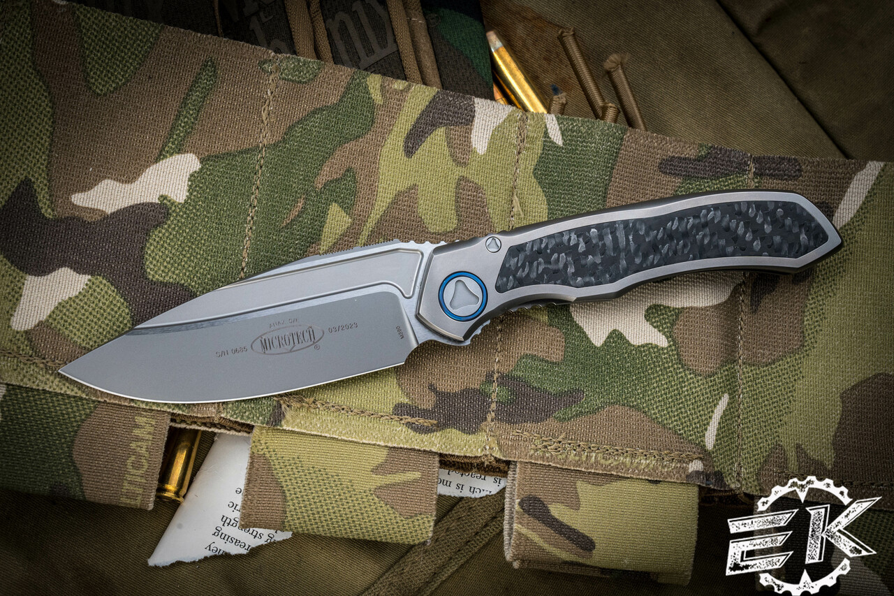Microtech Anax Integral Folding Knife Titanium/CF 3.75" Drop Point Bead ...