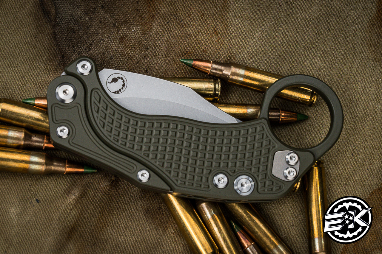 Reate EXO-K Karambit Button Lock Knife OD Green Aluminum 3" Stonewash ...