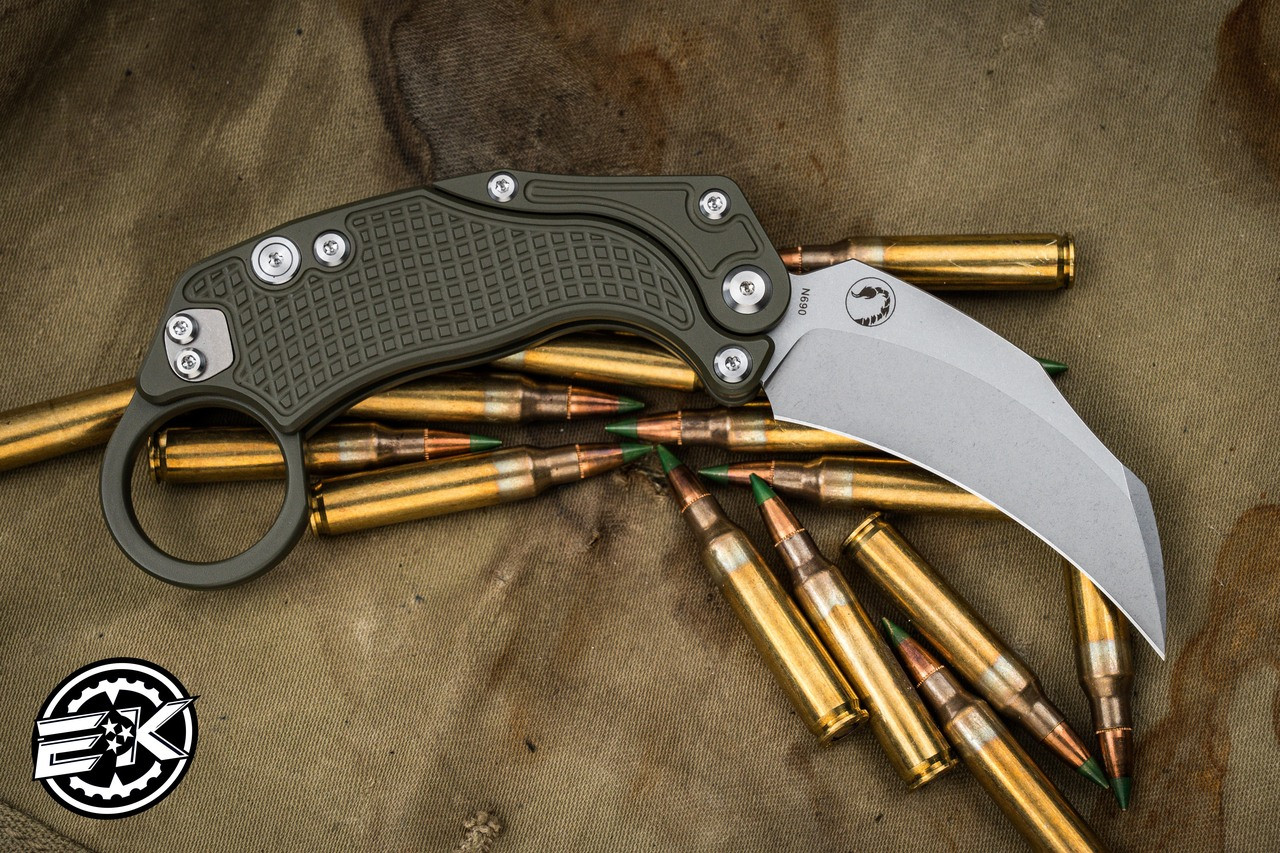 Reate EXO-K Karambit Button Lock Knife OD Green Aluminum 3" Stonewash ...