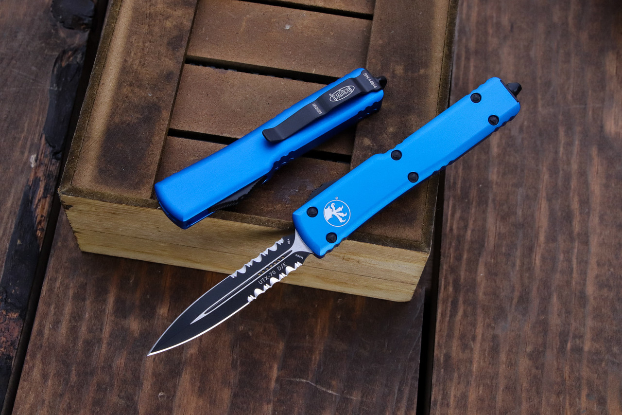 Microtech Utx 70 Otf Automatic Knife Blue 24 Dagger Serrated Black