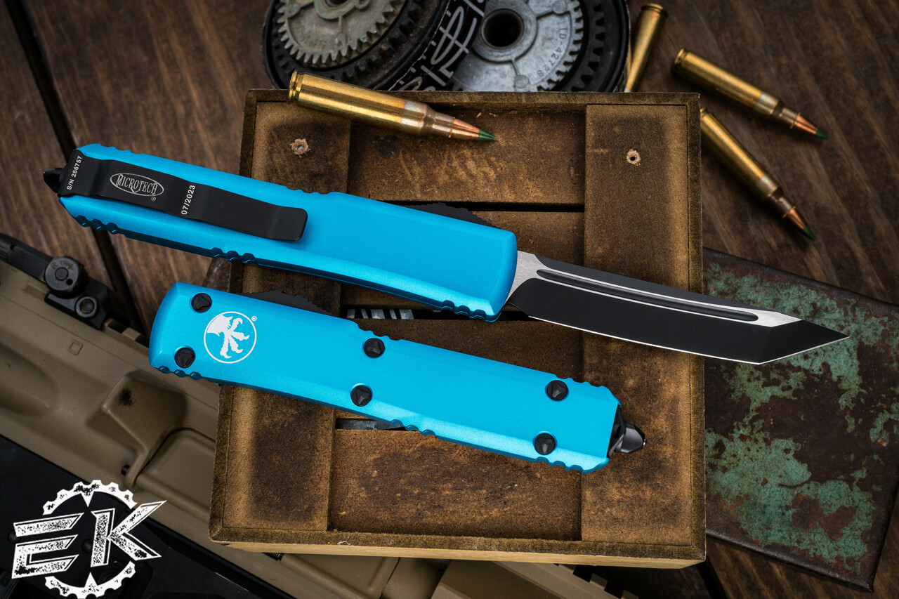 Microtech Ultratech Otf Automatic Knife Turquoise 34 Tanto Black 123 1tq