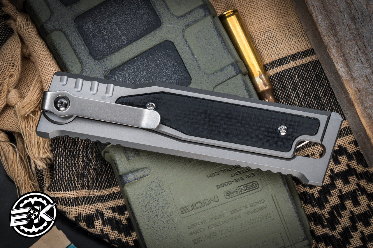 Reate EXO-M OTF Gravity Knife Titanium/Black Micarta 2.95" Tanto Edge Satin