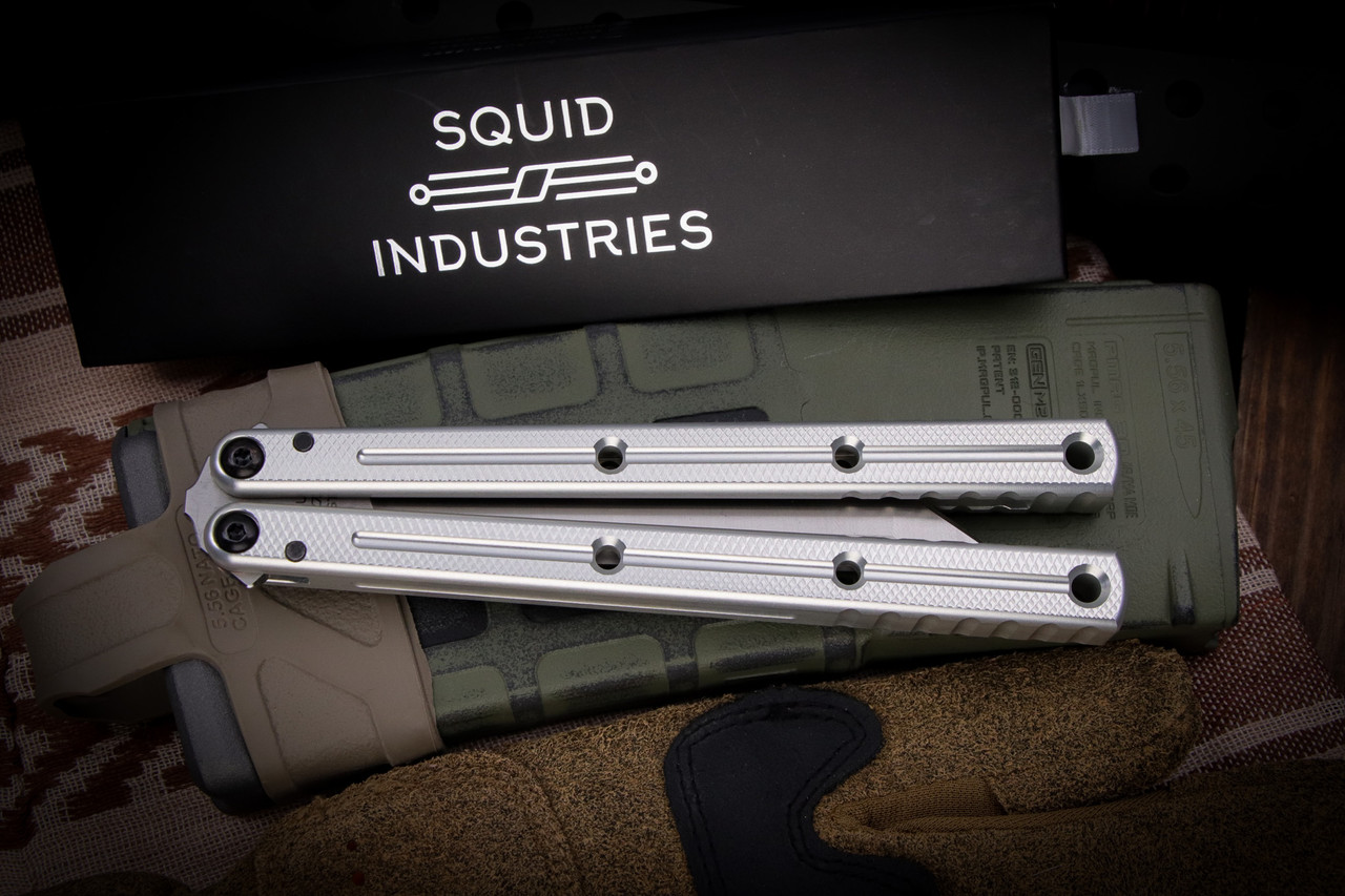 Squid Industries Krake Raken V3 Silver Butterfly Balisong 4.3" Tanto Satin