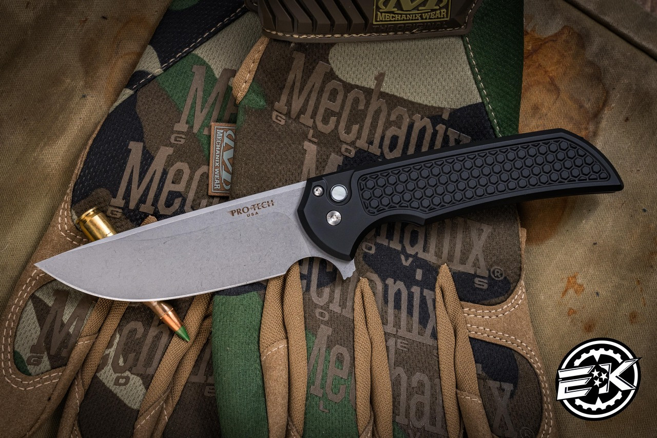 Protech Mordax Manual Flipper Knife Black Honeycomb 375 Stonewash