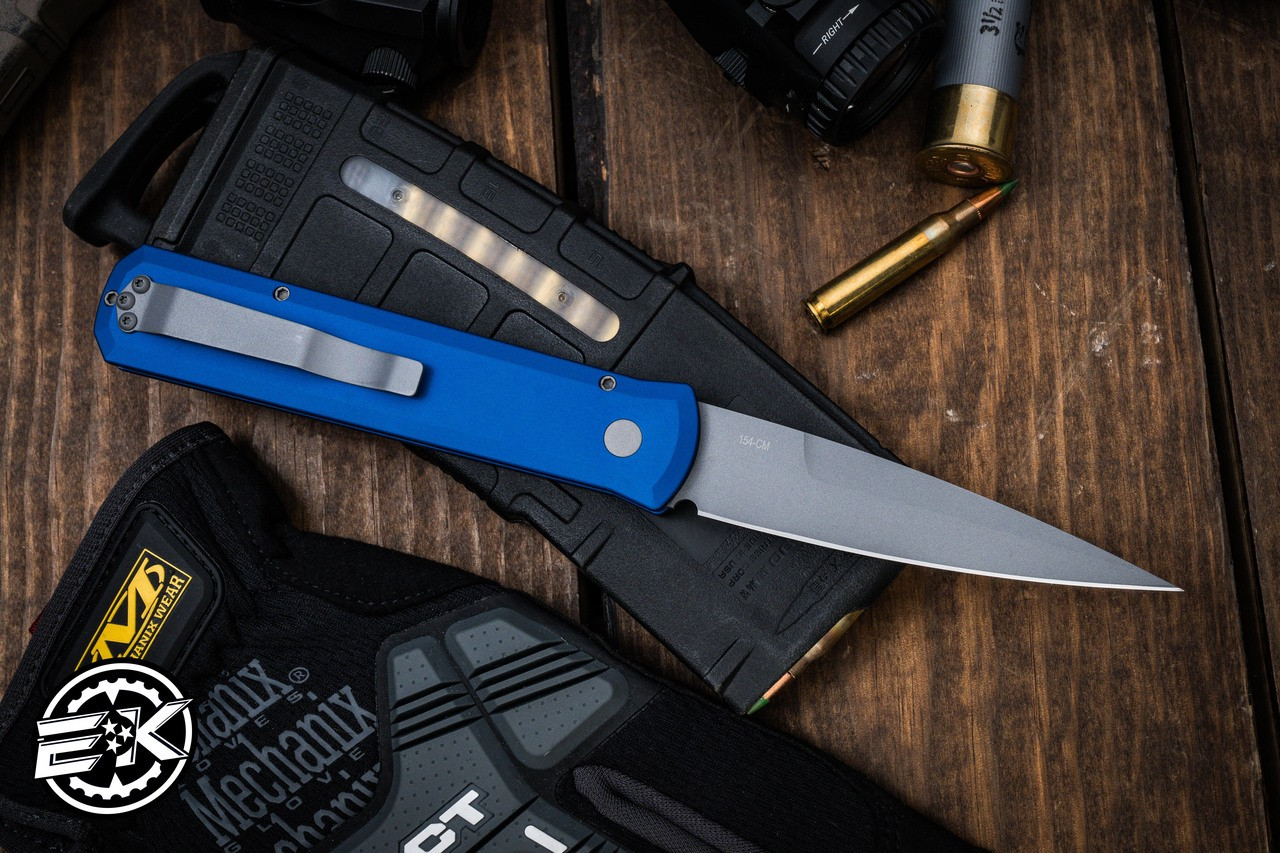 Protech Godfather Automatic Folding Knife Blue 4 Bayonet Bead Blast