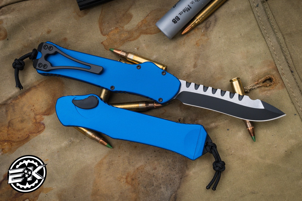 Heretic Knives Hydra Blue V3 Otf Auto Knife Aluminum 36 Two Tone Recurve