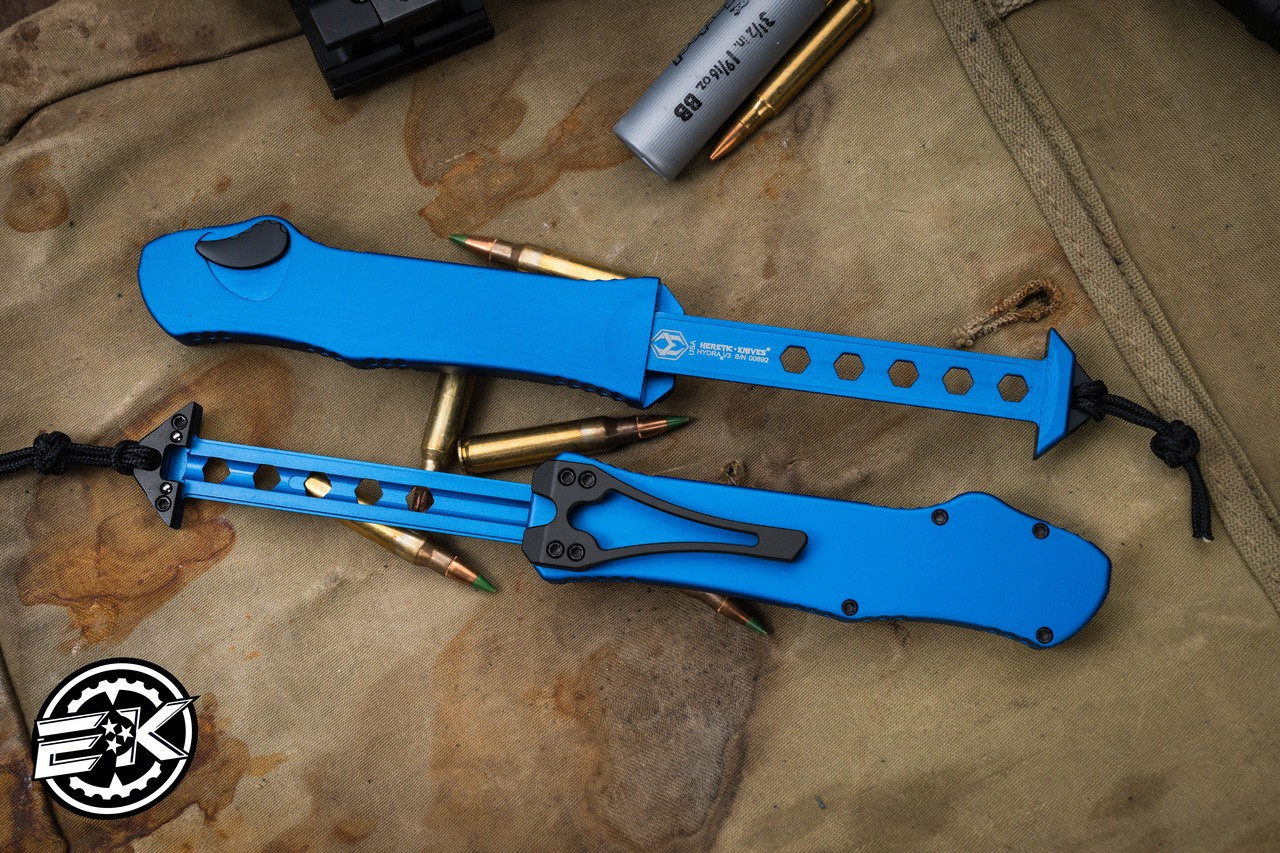 Heretic Knives Hydra Blue V3 Otf Auto Knife Aluminum 36 Two Tone Recurve