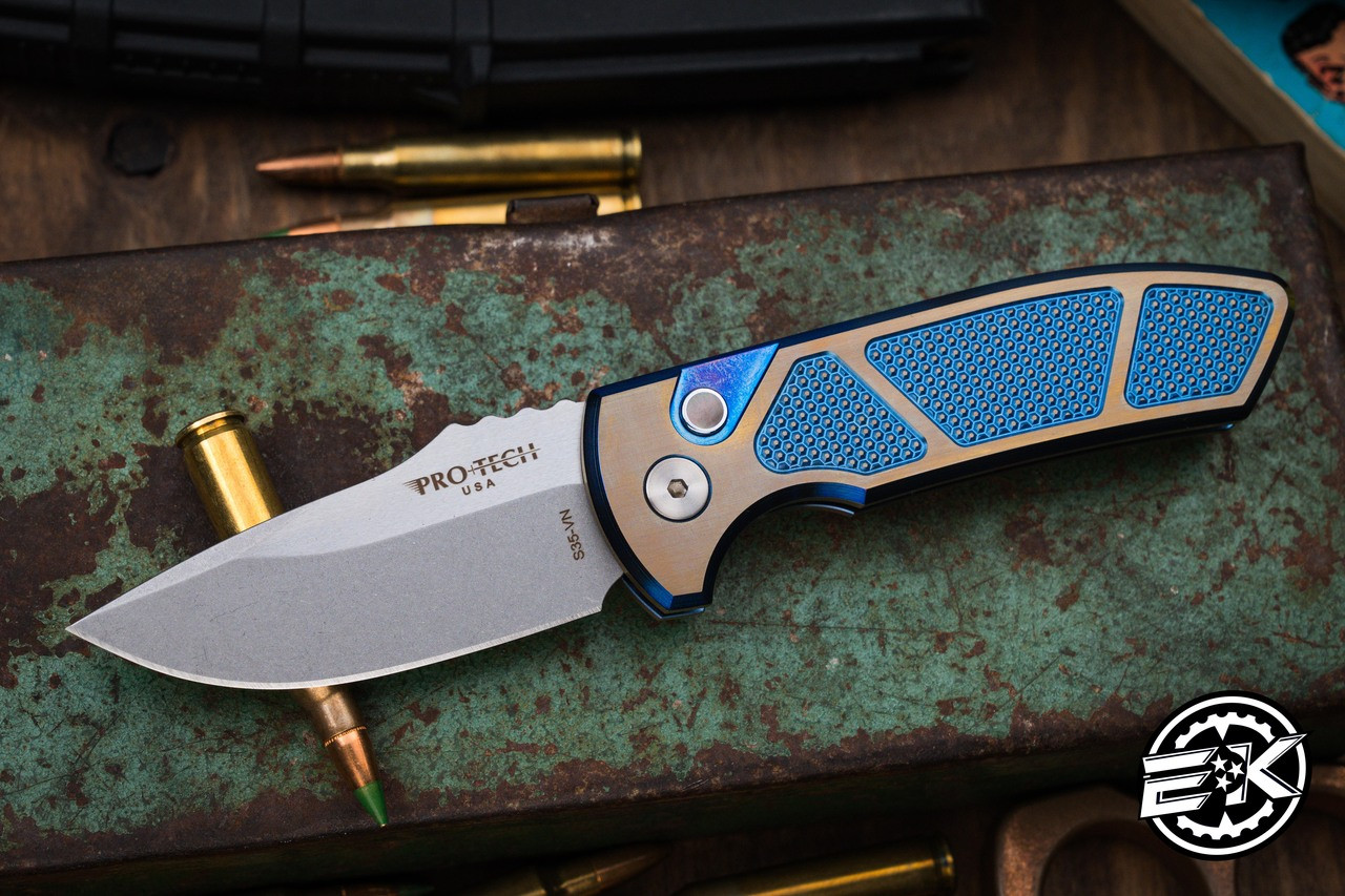 Protech Sbr Custom Automatic Folding Knife Bluebronze Knurled Titanium