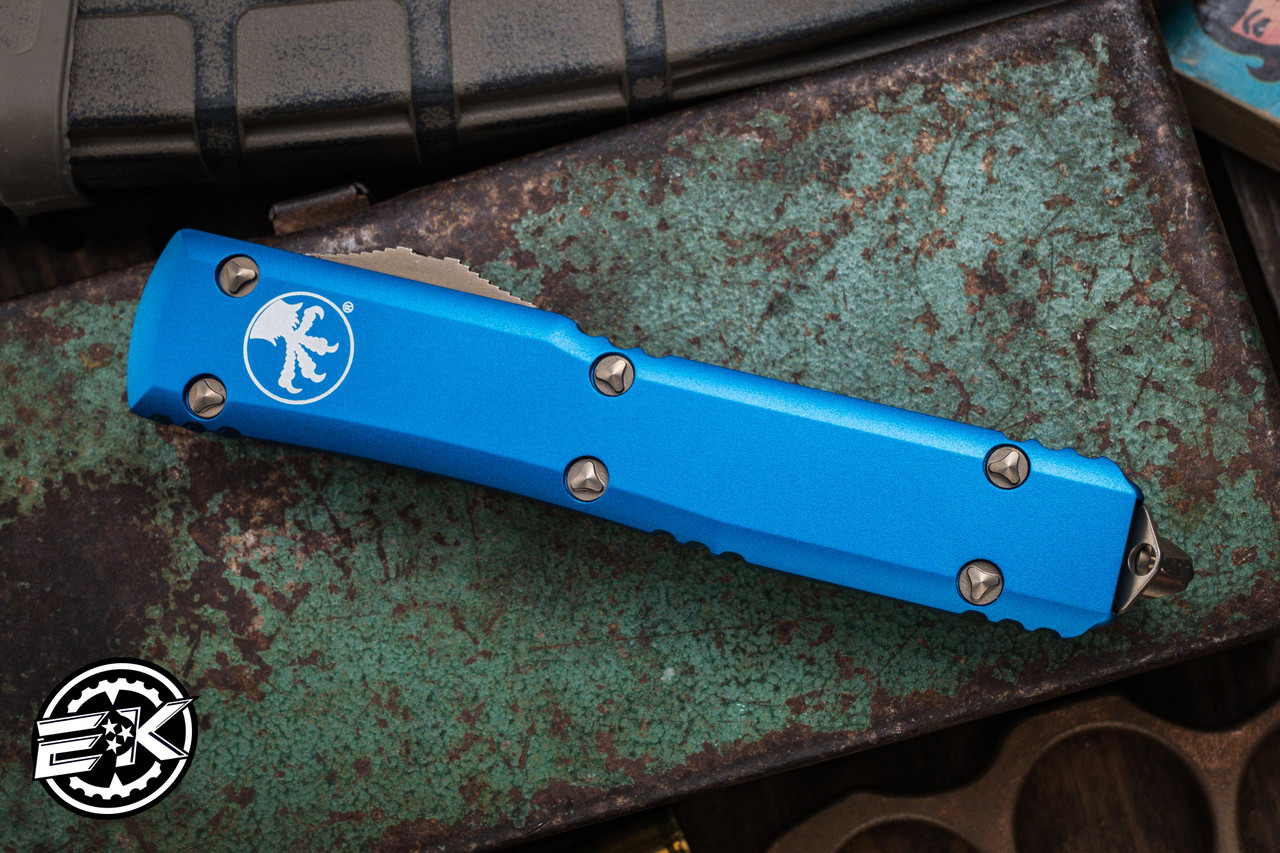 Preowned-Microtech Ultratech OTF Knife Blue 3.4" M390 Dagger Bronze 122 ...