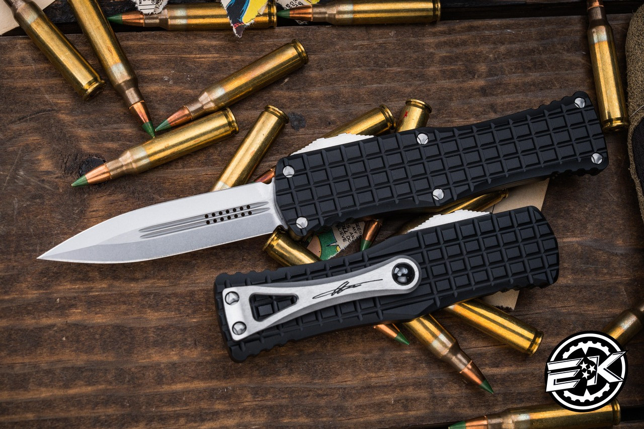 Microtech Hera Frag OTF Automatic Knife Black 3" Dagger Stonewash 702-10FRS