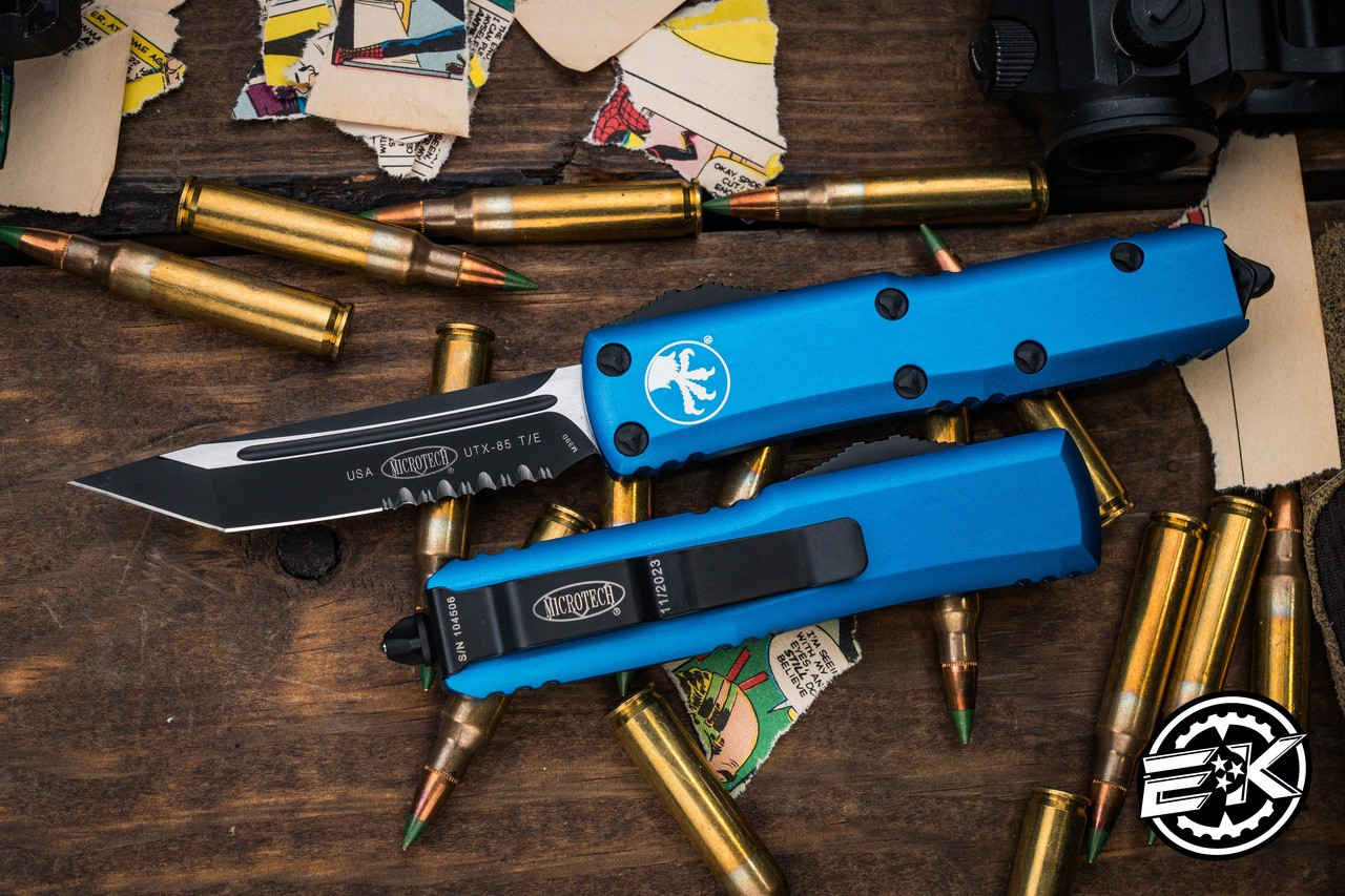 Microtech Utx 85 Otf Automatic Knife Blue 3 Tanto Black Serrated 233 2bl
