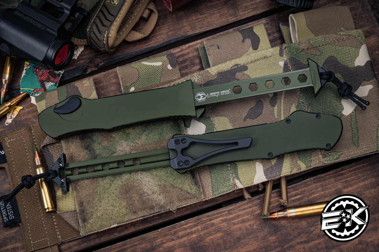 Heretic Knives Hydra V3 Otf Automatic Knife Od Green 36 Recurve Two