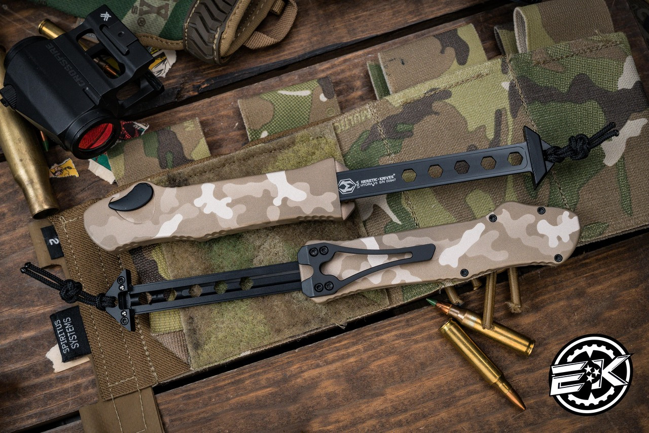 Heretic Knives Hydra Otf Automatic Knife Tan Camo 36 Recurve Two Tone