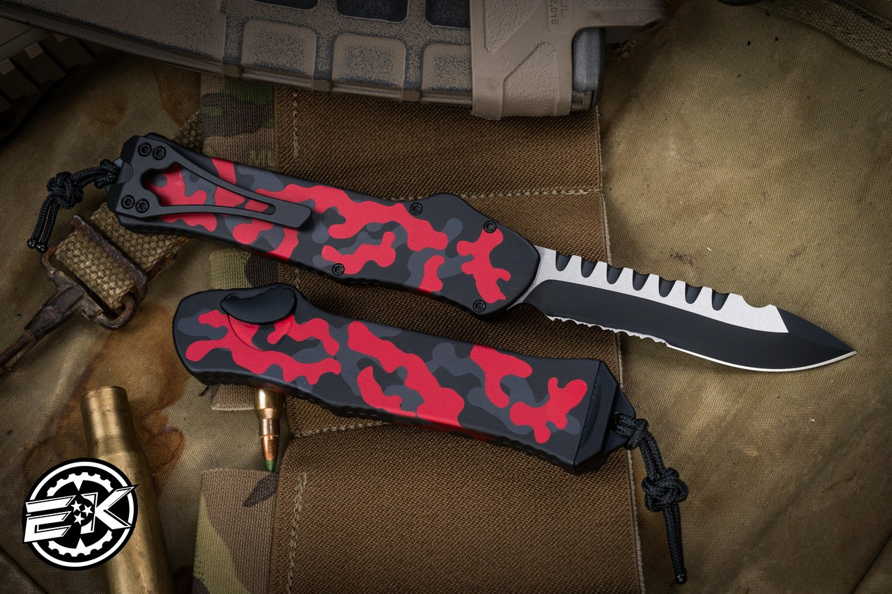 Heretic Knives Hydra V3 Otf Automatic Knife Red Camo 36 Recurve Two