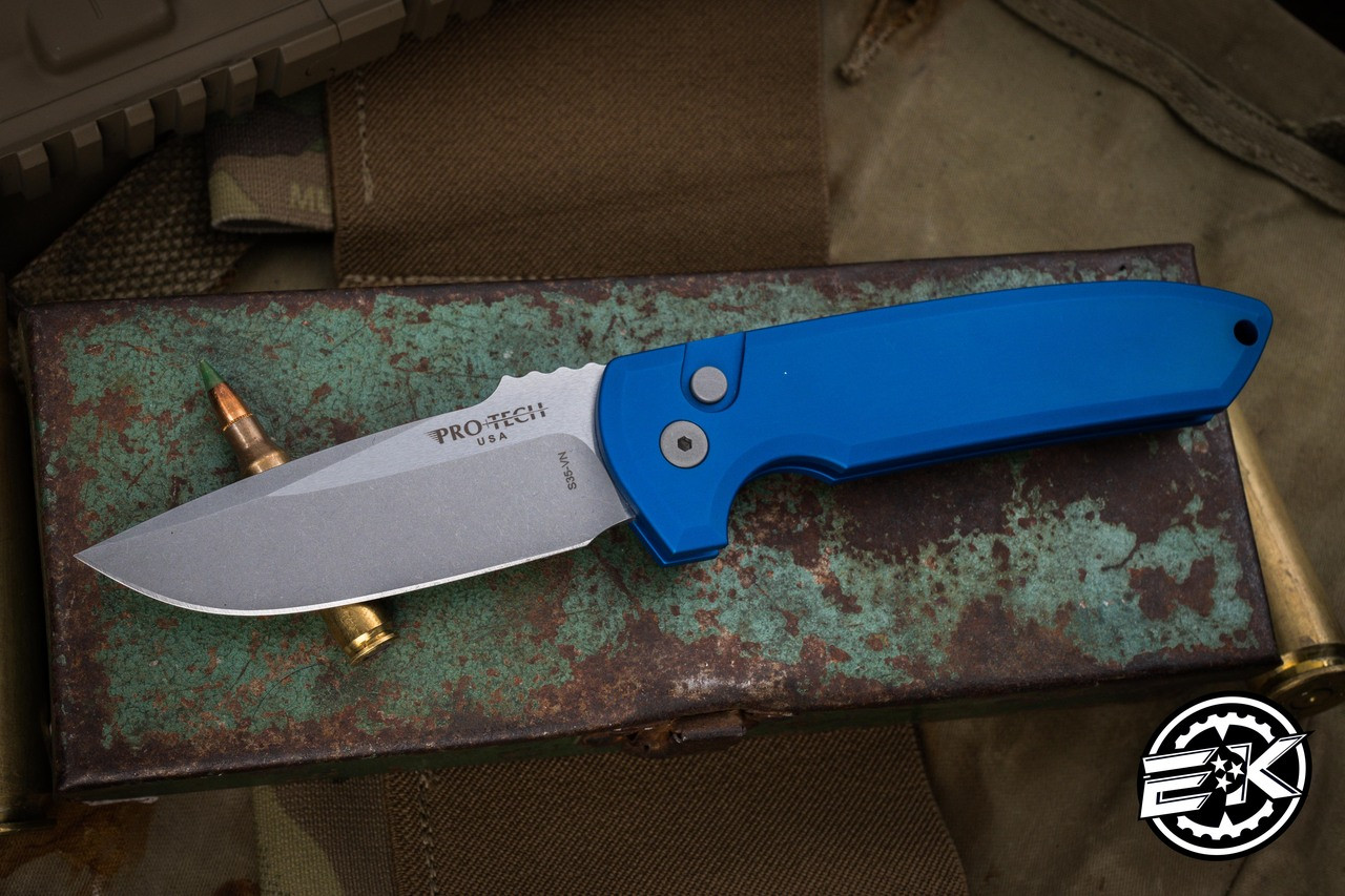 Protech Rockeye Automatic Folding Knife Blue 34 S35vn Stonewash Lg301