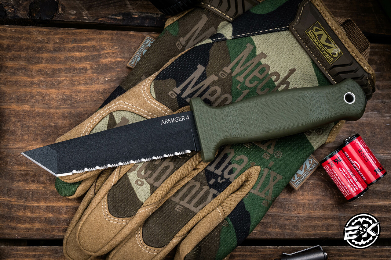 Demko Knives Armiger 4 Fixed Blade Knife OD Green 4.2" Tanto Serrated Black