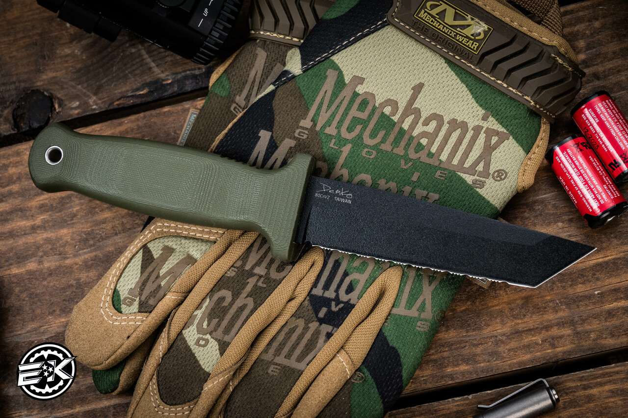 Demko Knives Armiger 4 Fixed Blade Knife OD Green 4.2" Tanto Serrated Black