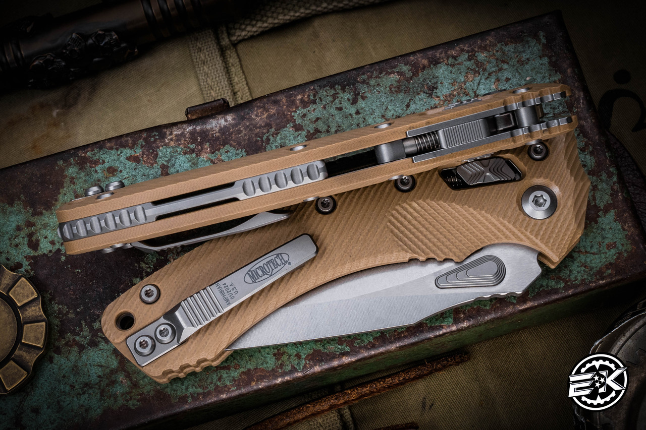 Microtech Amphibian Ram Lok Folding Knife Fluted Tan G10 39 Stonewash