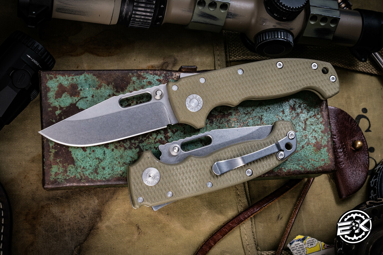 Demko Knives MG AD20S OD Green Shark Lock Folder 20CV Clip Point Stonewash